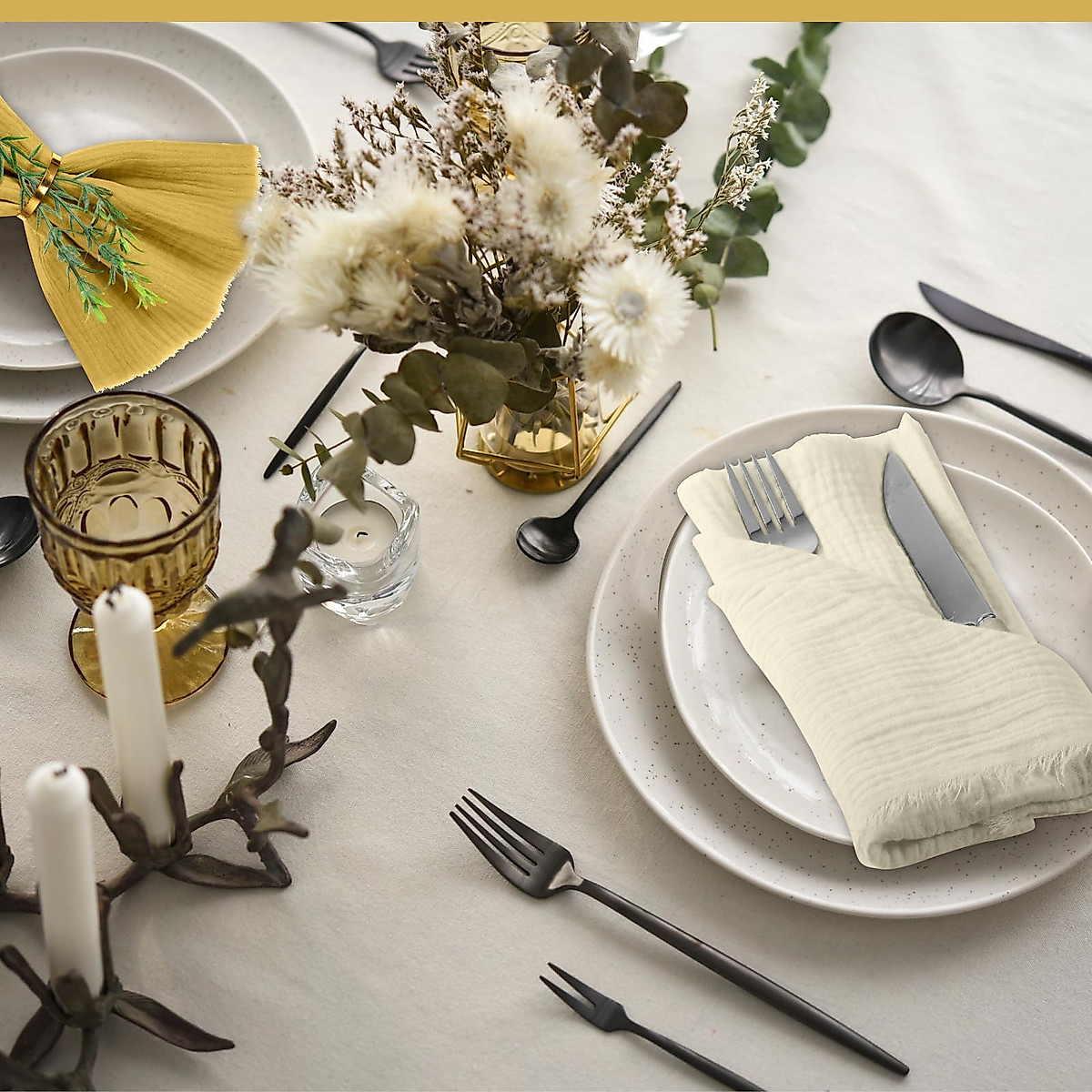 12 Pack Handmade Cloth Napkins with Fringe 100% Cotton Linen Napkins 16"x16" Rustic Cheesecloth Cloth Napkins for Wedding Party(Yellow Series)