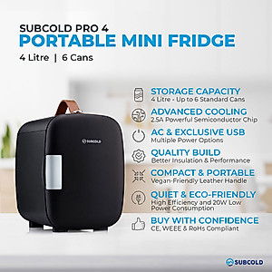 Subcold Pro4 Luxury Mini Fridge Cooler 4 Litre / 6 Cans AC & Exclusive USB ECO Power Option | Portable Small Refrigerator For The Office, Bedroom, Car, Travel, Skincare & Cosmetic (Black)