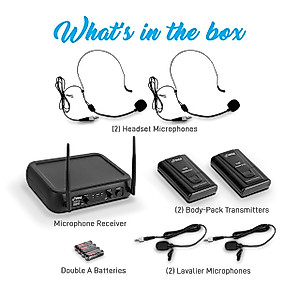 Pyle Dual Channel Wireless Microphone System - VHF Fixed Dual Frequency Wireless Mic Receiver Set with 2 Lavalier, 2 Headset Mics, 2 Transmitter, Receiver - For PA, Karaoke, Dj Party - Pyle PDWM2145