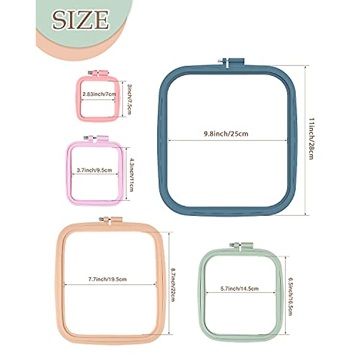 Pllieay 5 Pieces 5 Sizes Square Embroidery Hoops, ABS Plastic Embroidery Hoops for DIY Embroidery Craft