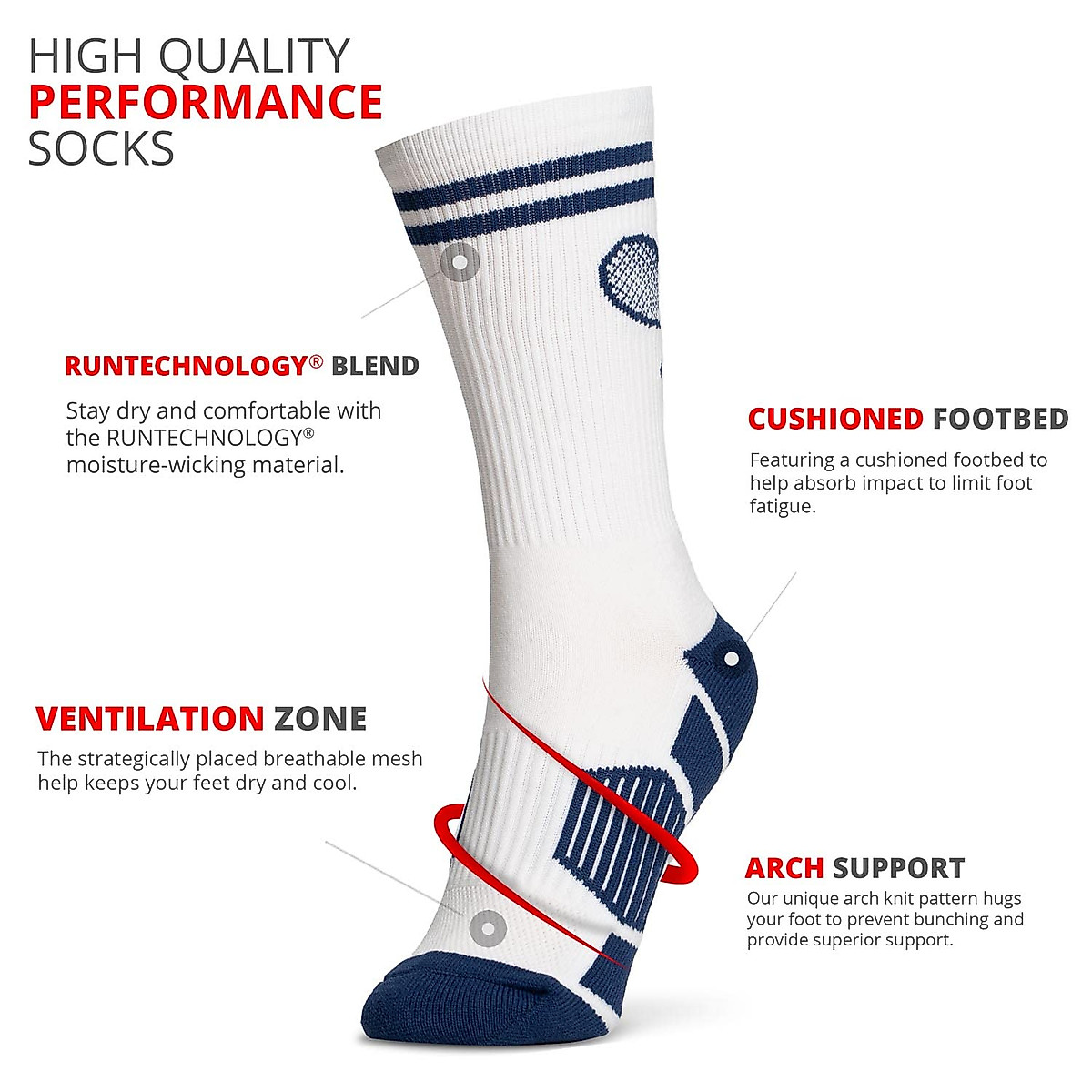 ChalkTalkSPORTS Tennis Performance Crew Socks - Crossed Racquets - Navy - Tennis Mid-Calf Socks - Adult