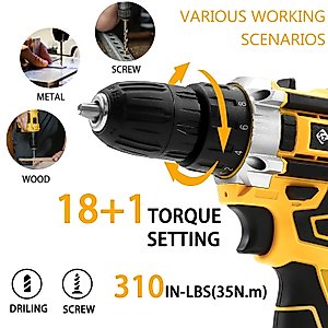 Creddux Cordless Drill Set 21v Power Drill Cordless With Battery & Charger, 84pcs Accessories Electric Drill Variable Speed, 3/8'' Keyless Chuck, Built-In Level and 2 Driver Bits Yellow kit