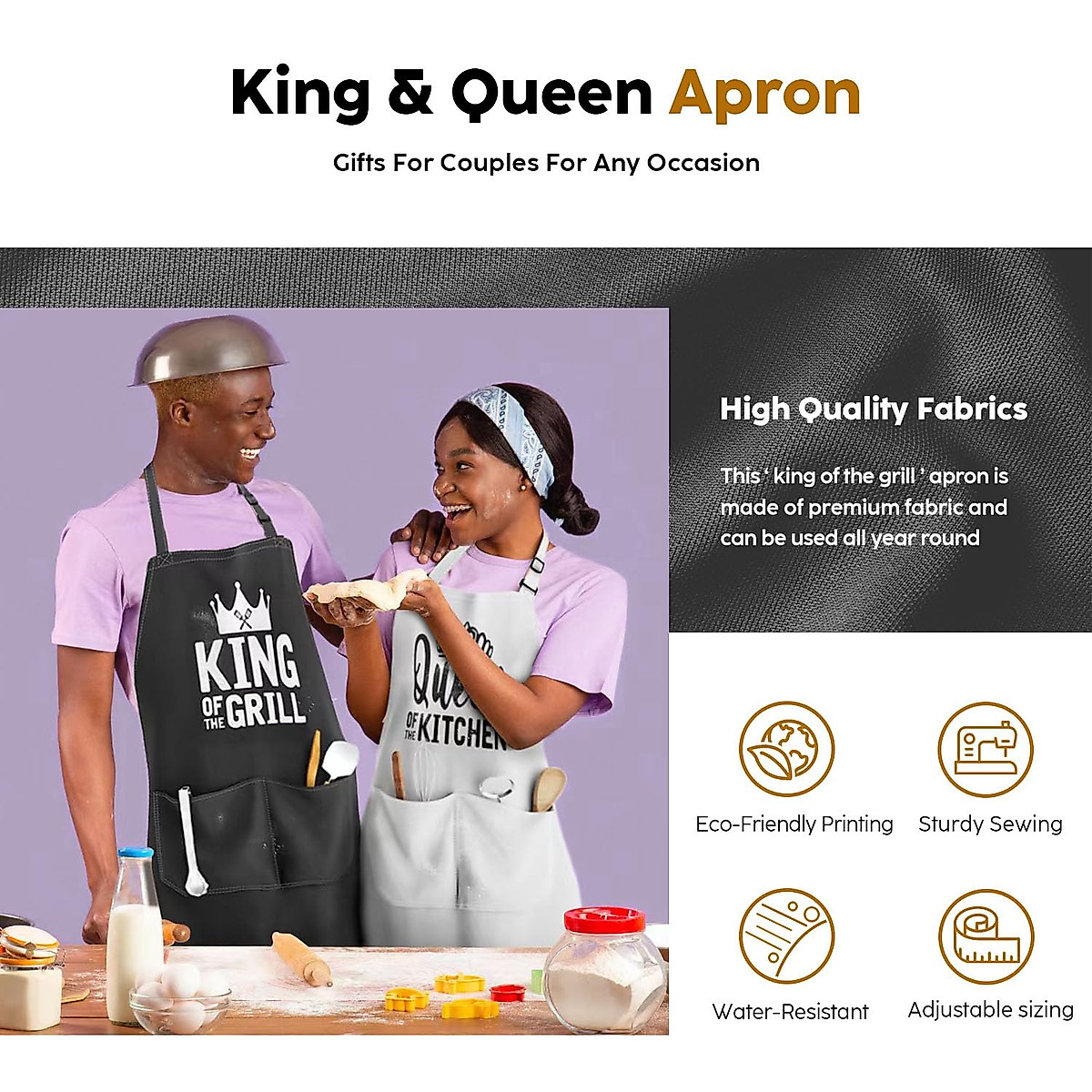 King & Queen Apron Set - Wedding Engagement Gifts for Couples, Funny Kitchen Gifts for Couples, Husband, Wife, Boyfriend, Girlfriend, Him Her, Bridal Shower Gifts, Unique Valentine's Day gifts ideas