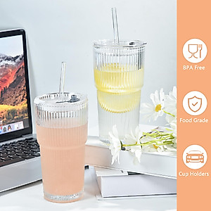 Icesip 20 oz 4 Pcs Drinking Glass Set with Straw and Lid Vertical Stripes Ribbed Iced Coffee Mugs Vintage Glass Cup for Tea Juice Soda Smoothie(Clear*4)