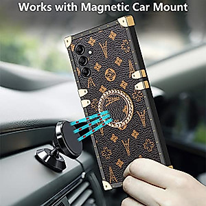 WOLLONY for Samsung Galaxy A14 5G Luxury Leather Case with Ring Stand Metal Edge Drop Protection Classic Square Case Soft TPU Slim Retro Cover for Women Girls Designed for Galaxy A14 5G Brown