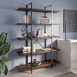 BELLEZE 5-Tier Wood Bookshelf, 70 Inch Industrial Storage Shelves Organizer for Living Room, Pantry, Home Office and Garage, Open Display Shelves with Metal Frame - Dark Walnut
