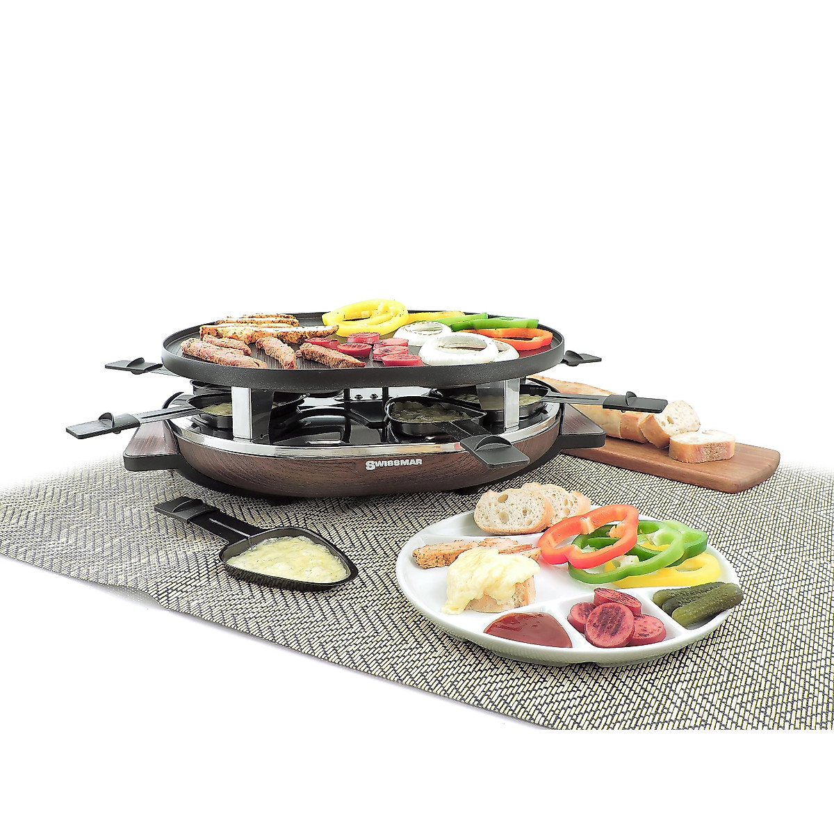 SwissMar KF-77068 8-Person Matterhorn Oval Raclette w/ Wood base, reversible cast aluminum Non-Stick grill plate