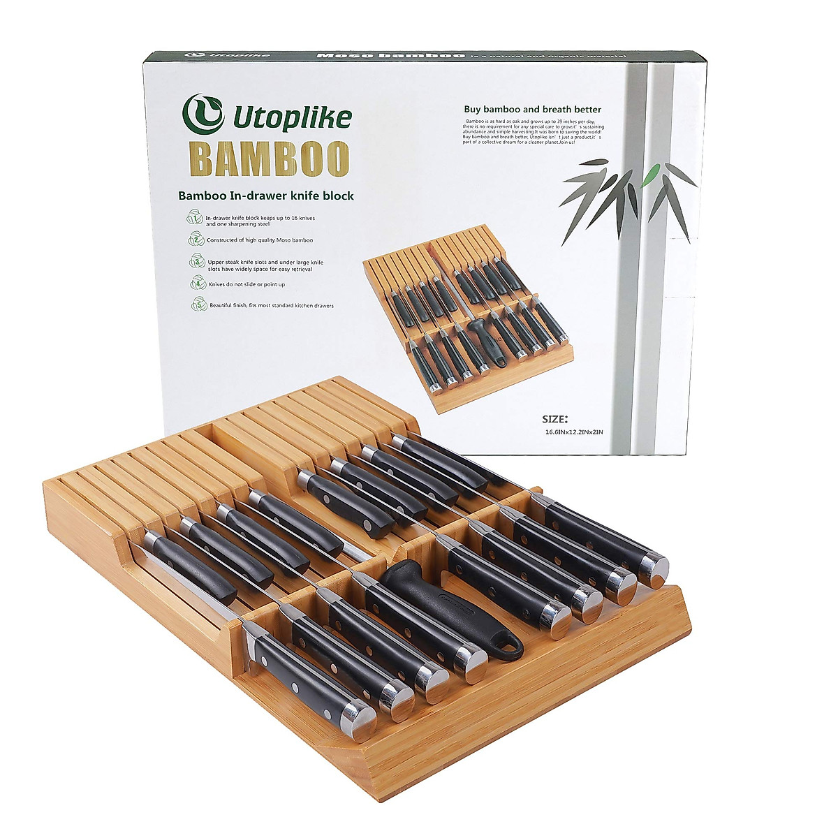 Utoplike 4 Pack Bamboo Kitchen Drawer Dividers and Bamboo Kitchen Knife Drawer Organizer Set