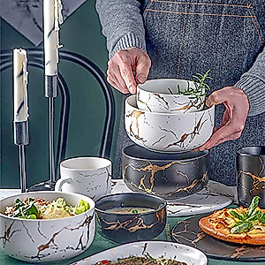 LUCCK Ceramic Cereal Bowl Marble Soup Bowl 17 OZ Ceramic Rice Bowl Luxury Gold Inlay Dessert Bowl Microwave and Dishwasher Safe for Oatmeal Snack (White)