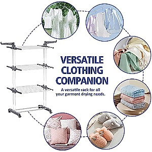 TOOLF Clothes Drying Rack, 4-Tier Foldable Drying Rack Clothing, Indoor/Outdoor Laundry Drying Rack with Foldable Wings, Space Saving Laundry Rack, Grey