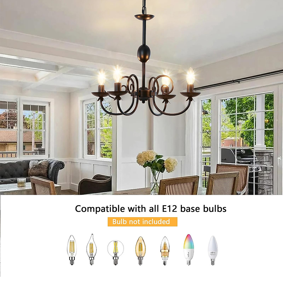 Muafot Matte Black Farmhouse Chandelier,4 Light Modern Metal Pendant Light Fixtures Adjustable Height for Dining Room Kitchen Island Foyer Entryway E12 Bulb Base UL Listed