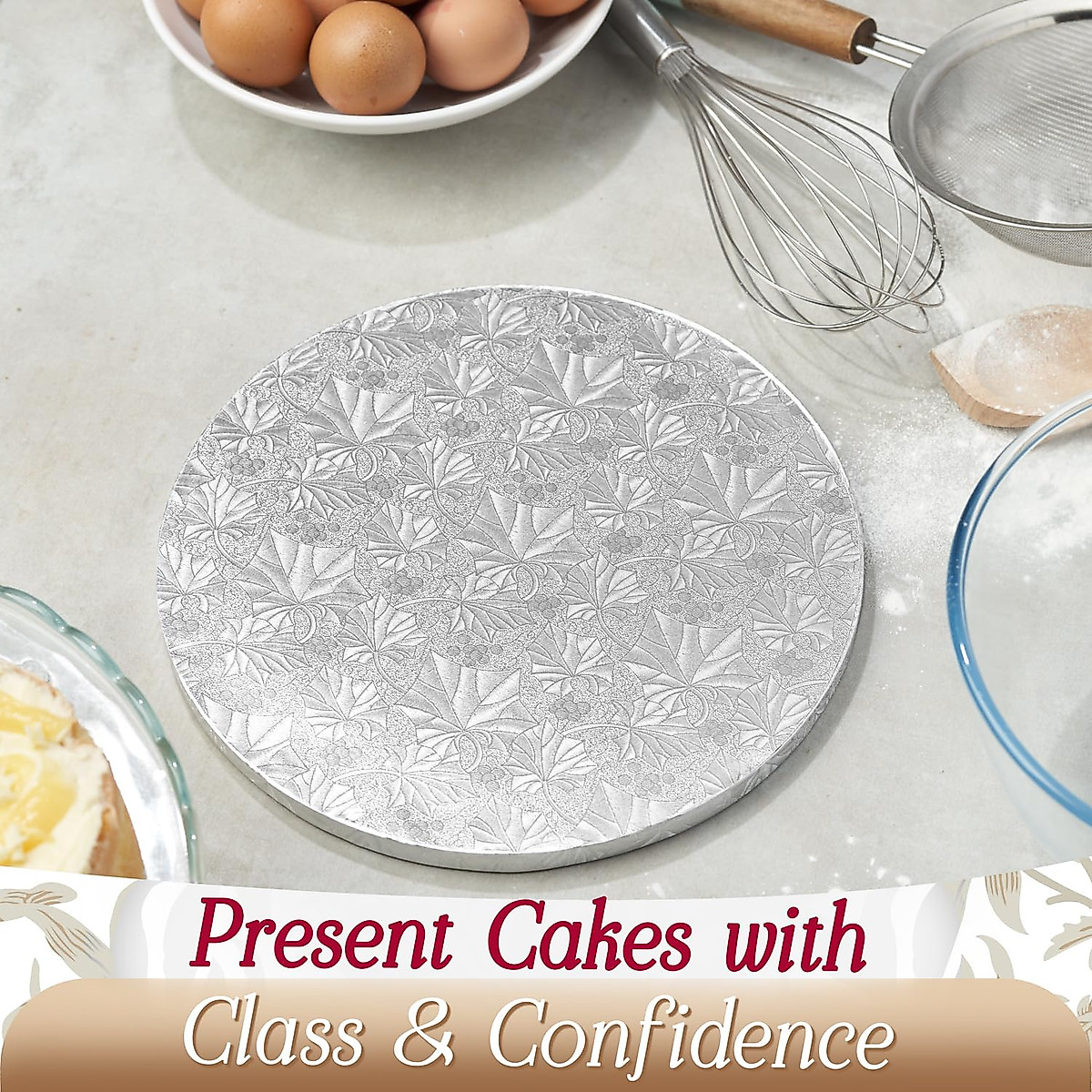 Cakebon: Thick, Round Cake Boards, 14-Inch Round Silver - Sturdy, Smooth-Edged Cardboard Cake Drums – Heavy-Duty, Bend-Resistant 14-Inch Cake Boards Round for Cake Base Displays (1-Pack)