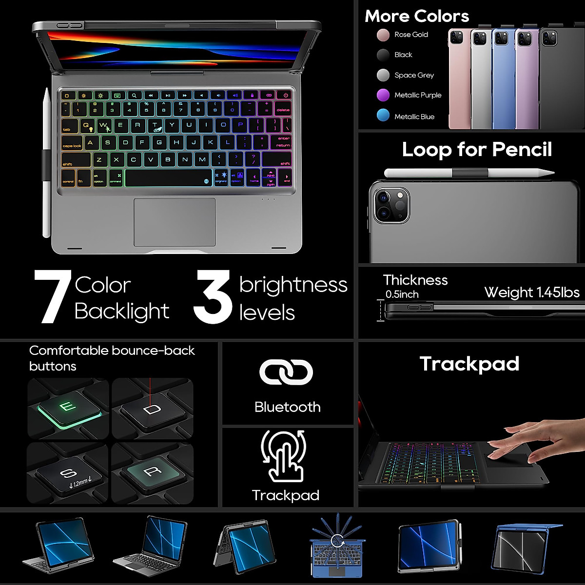 pekarejue iPad Pro 11-inch Keyboard: 2022 iPad Air 5th 4th Generation 10.9 inch and iPad Pro 11 inch Case with Keyboard Smart Magic Trackpad Bluetooth Backlit 360 Swivel Pencil Holder Metallic Grey