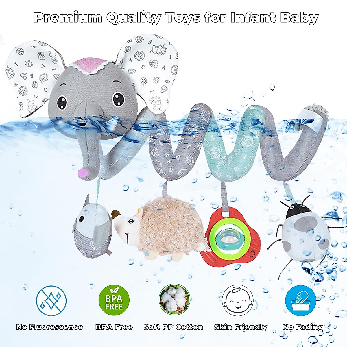 Baby Car Seat Toys, Hanging Stroller Toys for Baby 0-6 Months Infants Activity Spiral Toys with Musical Owl Rattles Hedgehog Beep Ladybug Squeaker - Gray Elephant Toys for Newborn Baby 0 3 6 12 Months