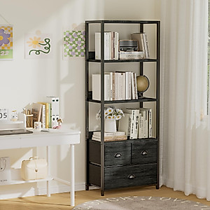 Furnulem Bookshelf with 3 Fabric Drawers and 4-Tier Shelves, 59" Tall Bookcase Storage Rack, Freestanding Shelf Organizer Unit for Office,Living Room,Kitchen,Bedroom(Black Oak)