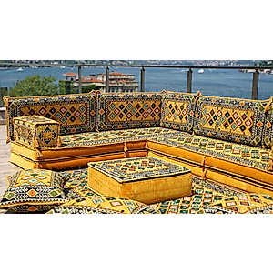 Yellow L Shaped Floor Couch, Sectional Sofa Set, Floor Pillow, Arabic Majlis, Moroccan Livingroom Cushion, 8" Thick Corner Floor Seating Set (L Sofa + Rug + Poufs)