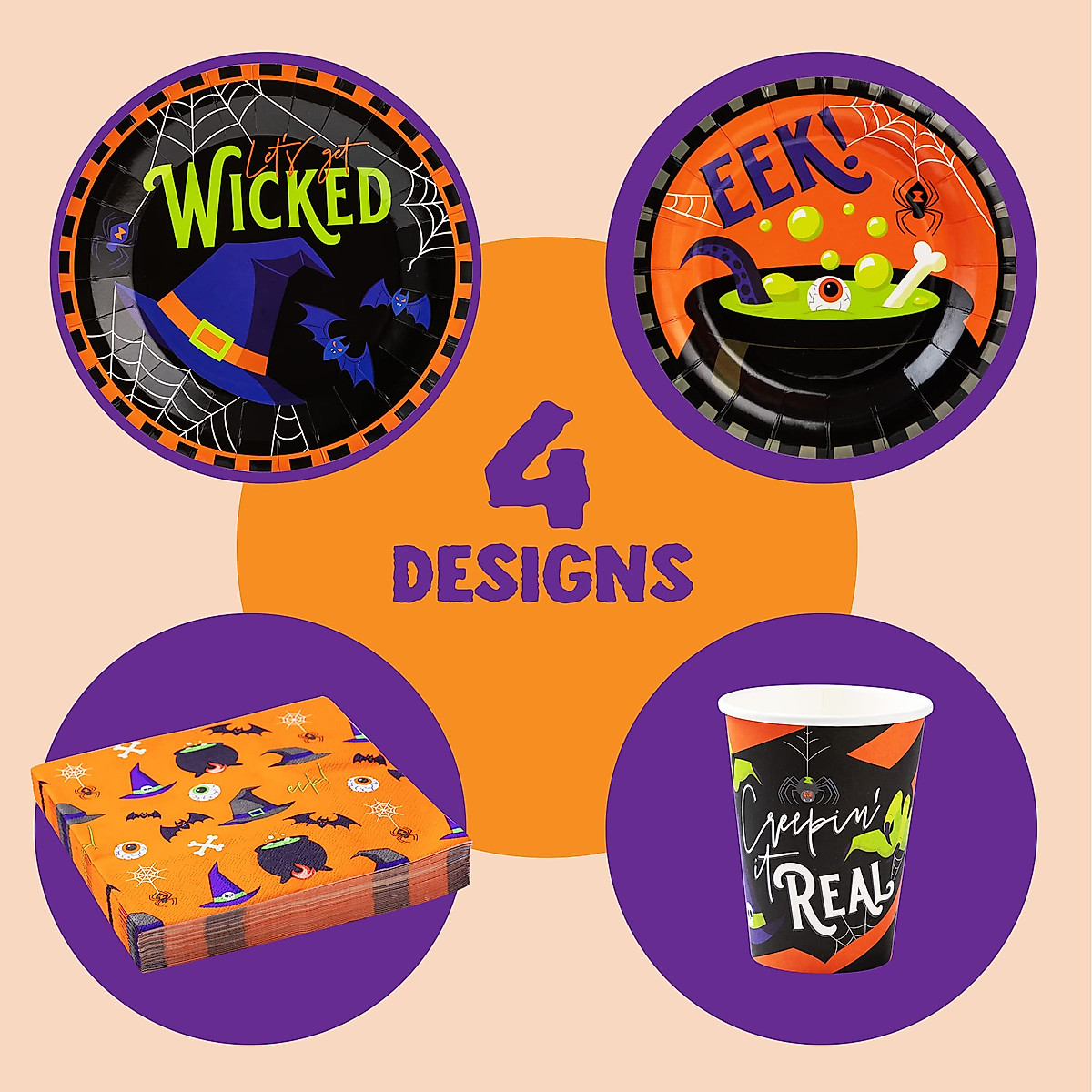 JOYIN 120 PCS Halloween Party Supplies Set with 30 Pcs Plastic Cups, 30 Pcs 9" Paper Plates, 30 Pcs 7" Plates and 30 Pcs Napkins (Serve 30), Halloween Themed Tableware Set Party Decorations