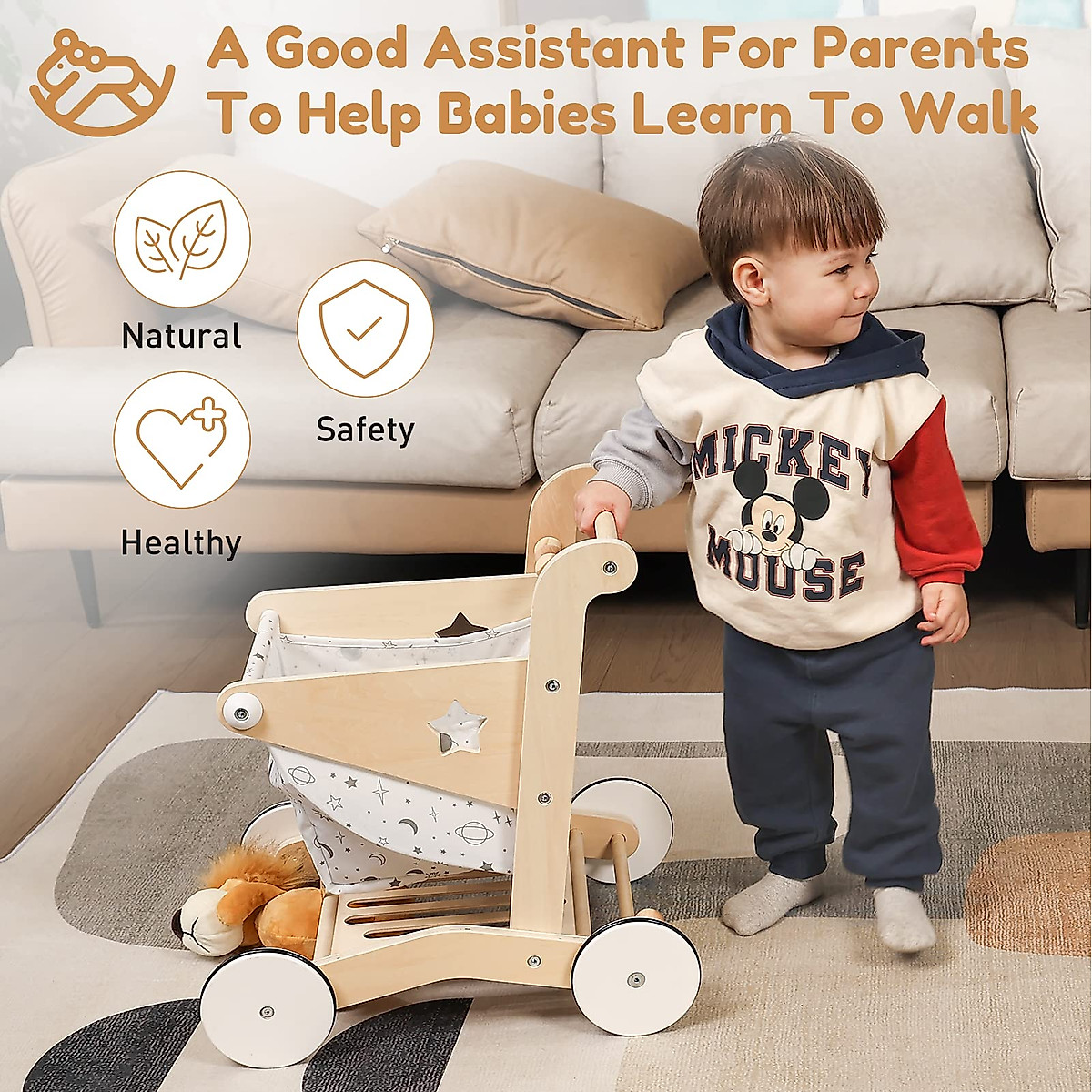 Woodtoe Wooden Baby Push Walker Doll Stroller, Adjustable Speed Shopping Cart Toddler Toys, Natural Wood Push and Pull Learning Walker Educational Birthday Toy for Boys Girls 1 2 3