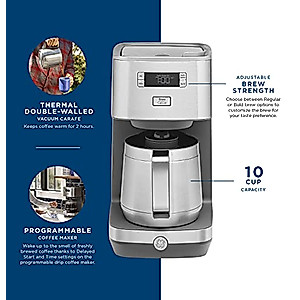 GE Drip Coffee Maker With Timer | 10-Cup Thermal Carafe Pot Keeps Coffee Warm for 2 Hours | Adjustable Brew Strength | Wide Shower Head for Maximum Flavor | Kitchen Essentials | Stainless Steel