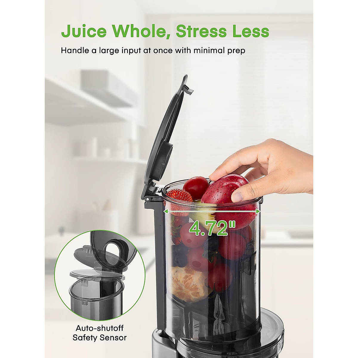 Juicer Machines Vegetable and Fruit, FOHERE Cold Press Juicer Extractor Fit Whole Fruits & Vegetables with 4.72" Wide Mouth Easy to Clean, Slow Masticating Juicer with Quiet Motor, Reverse Function