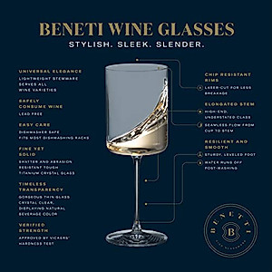 BENETI Large Square Wine Glass Set of 4-14 oz European-Made Hand Blown Glass White Wine Goblets w/Laser-Cut Rim, Dishwasher-Safe Crystal Clear Red Wine Glass Gift Set
