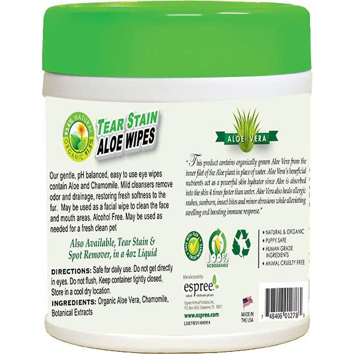 Espree Tear Stain Wipes, 60 Count