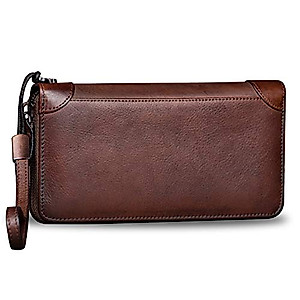 Genuine Leather Wallet for Women Dual Use Zip Long Purse Vintage Handmade Clutch Cowhide Card Holder Organizer (Coffee)