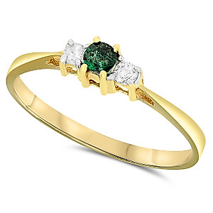 14k Yellow Gold Green Emerald Gemstone & Diamond 3 Stone Promise Stackable Ring May Birthstone Jewelry For Women, Anniversaries, Valentines Day, Mothers Day (Emerald 0.10 Ct., Diamond 0.08 Ct.) Size 7
