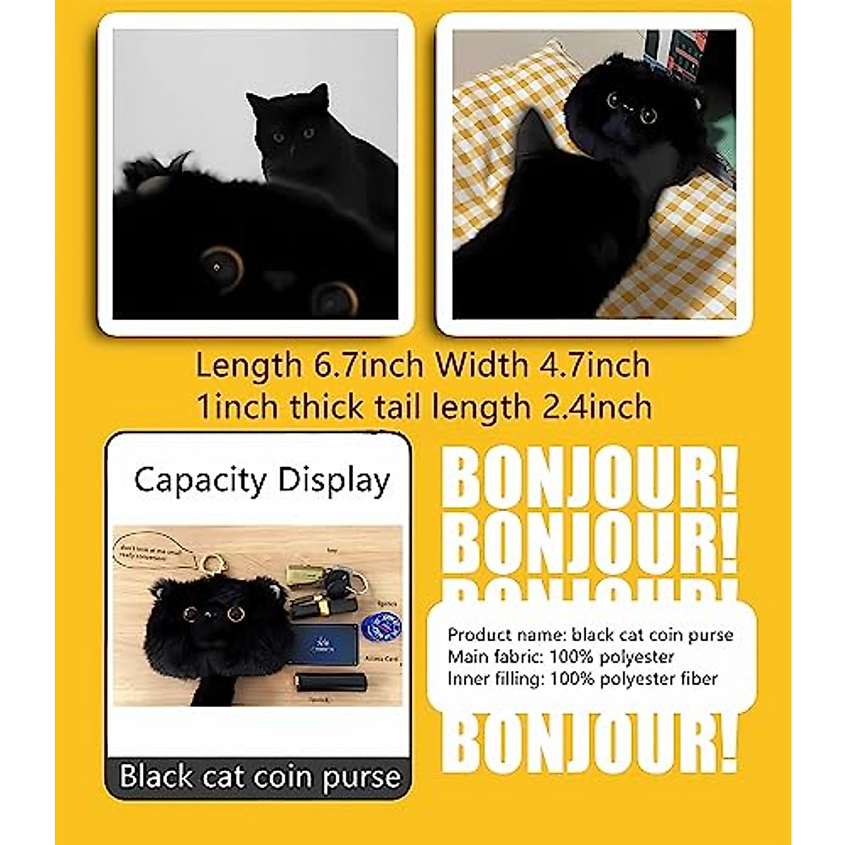 HUIJUFU Cute Black Cat Plush Keychain - Cat Coin Purse for Women