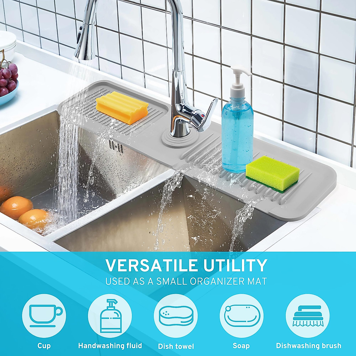 24 Inch Longer Kitchen Sink Splash Guard,Silicone Mat for Faucet 5° Slope Draining Mat for Kitchen Sink Faucet Drying Mat Drip Mat Protectors for Kitchen Sink(Grey 24.0" x 5.5")