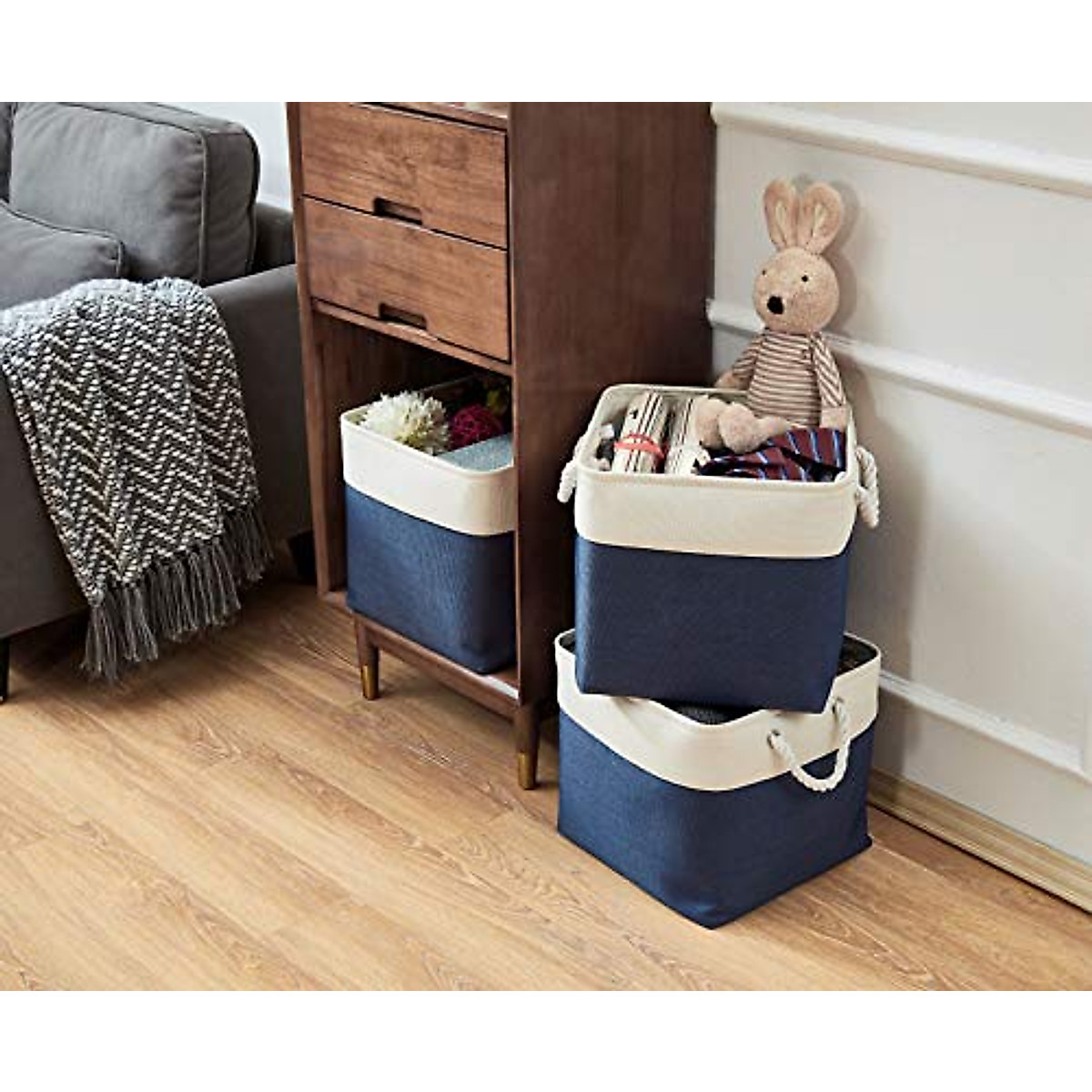 DECOMOMO Cube Storage Organizer Bins | Box Storage Cube Basket with Handles Fabric Cloth Bins for Organizing Shelf Nursery Home Closet (Navy Blue & White, 13 x 13 x 13 inch - 3 Pack)