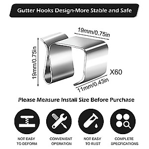 60PCS Metal Christmas Light Gutter Hooks Xmas Lights Hanging Clips Outdoor Seasonal Lighting Hooks Galvanized Holiday Light Clips Gutter Light Hangers Roof Hooks for Outdoor String Patio Lights