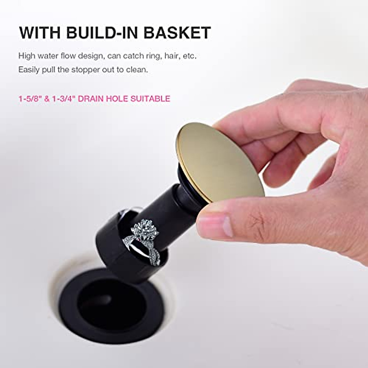 Brushed Gold 2 Pack Pop up Drain Stopper with Overflow, Push Button Sink Drain for Bathroom Sink Vessel Sink Vanity Sink, Pop up Sink Drain Bathroom Sink Drain, Push Sink Stopper