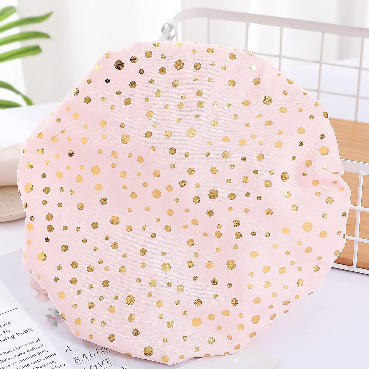 Qeuly 2 Pack Waterproof Shower Cap, Reusable Shower Cap for Women, Elastic Bathing Shower Hat Double Layers Bathing Hair Cap PEVA Lined Shower Hair Bath Cap (Pink Dots / Star)