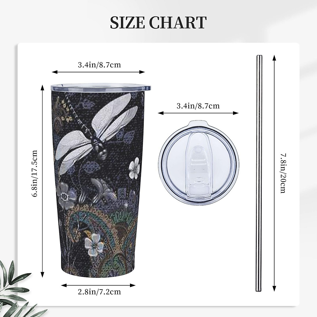 EVANEM 20 Oz Stainless Steel Tumbler With Straw Cleaner Dragonflies Grey Printed Insulated Cup Travel Coffee Mug Vacuum Insulated Tumblers For Home Office