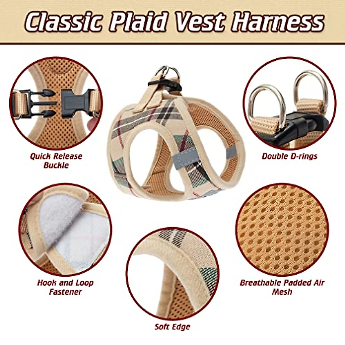 EXPAWLORER Classic Plaid Puppy Harness - Small Dog Collar and Leash - Soft Mesh Padded Adjustable Small Dog Vest Harness No Pull, Reflective Escape Proof for Outdoor Walking