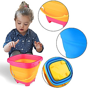 Shindel 3 Pieces Foldable Beach Bucket Set, 2L Silicone Collapsible Toy Buckets for Kids, Multi Purpose for Fun Summer Activities, Camping Gear, Beach Essentials, Travel Sand Toys