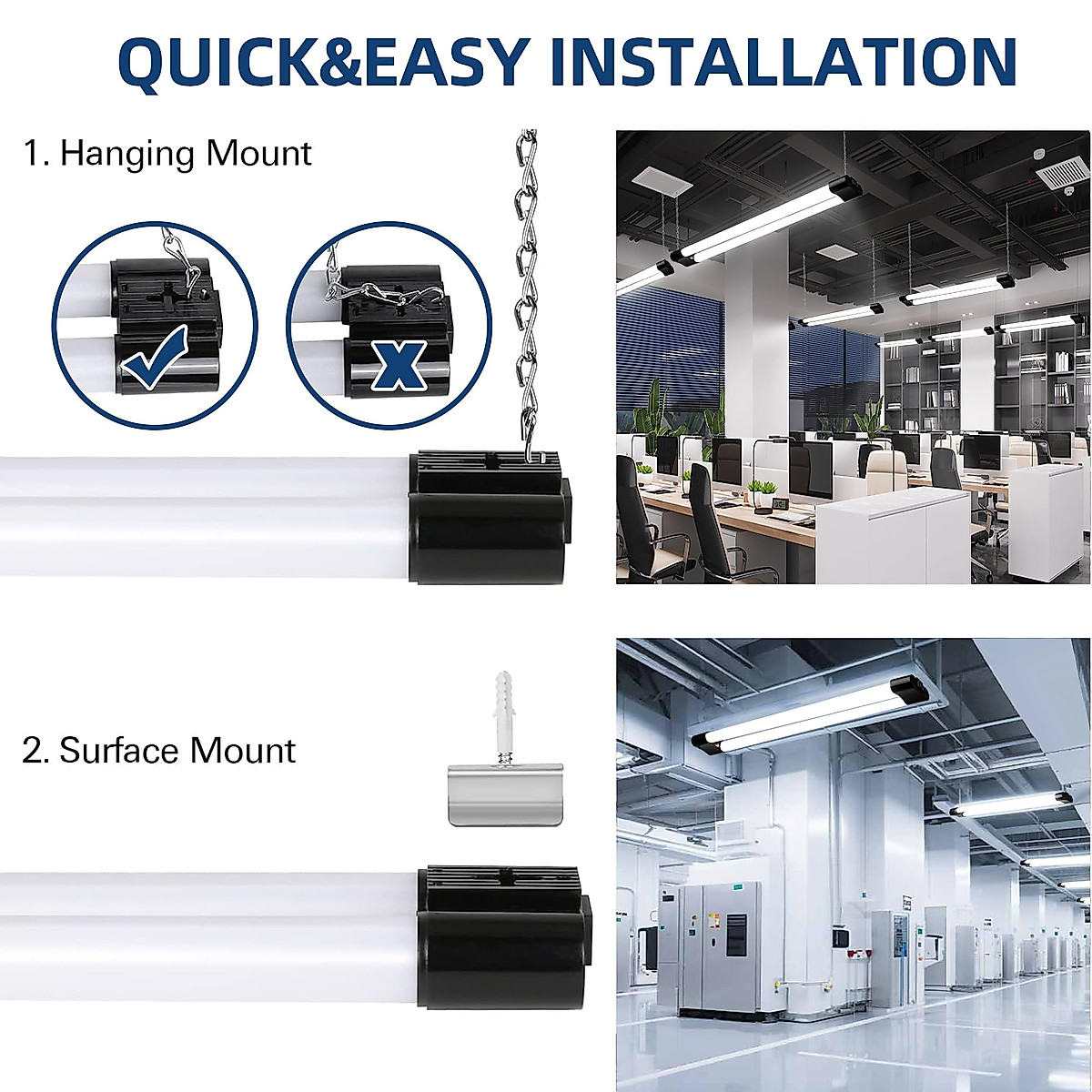 Hykolity 4 Pack Linkable LED Shop Light, 4FT 44W [300W Equivalent], 4600lm, 5000K Daylight, Plug-in Utility Light Fixture, Hanging or Surface Mount, Black - Energy Efficient Lighting Solution