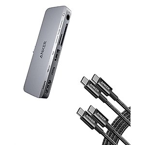 Anker USB C Hub for iPad (Gray), 541 USB-C Hub (6-in-1), with 4K HDMI Port, Multi-Function USB C Port New Nylon USB C to USB C Charger Cable (6ft, 60W, 2-Pack)
