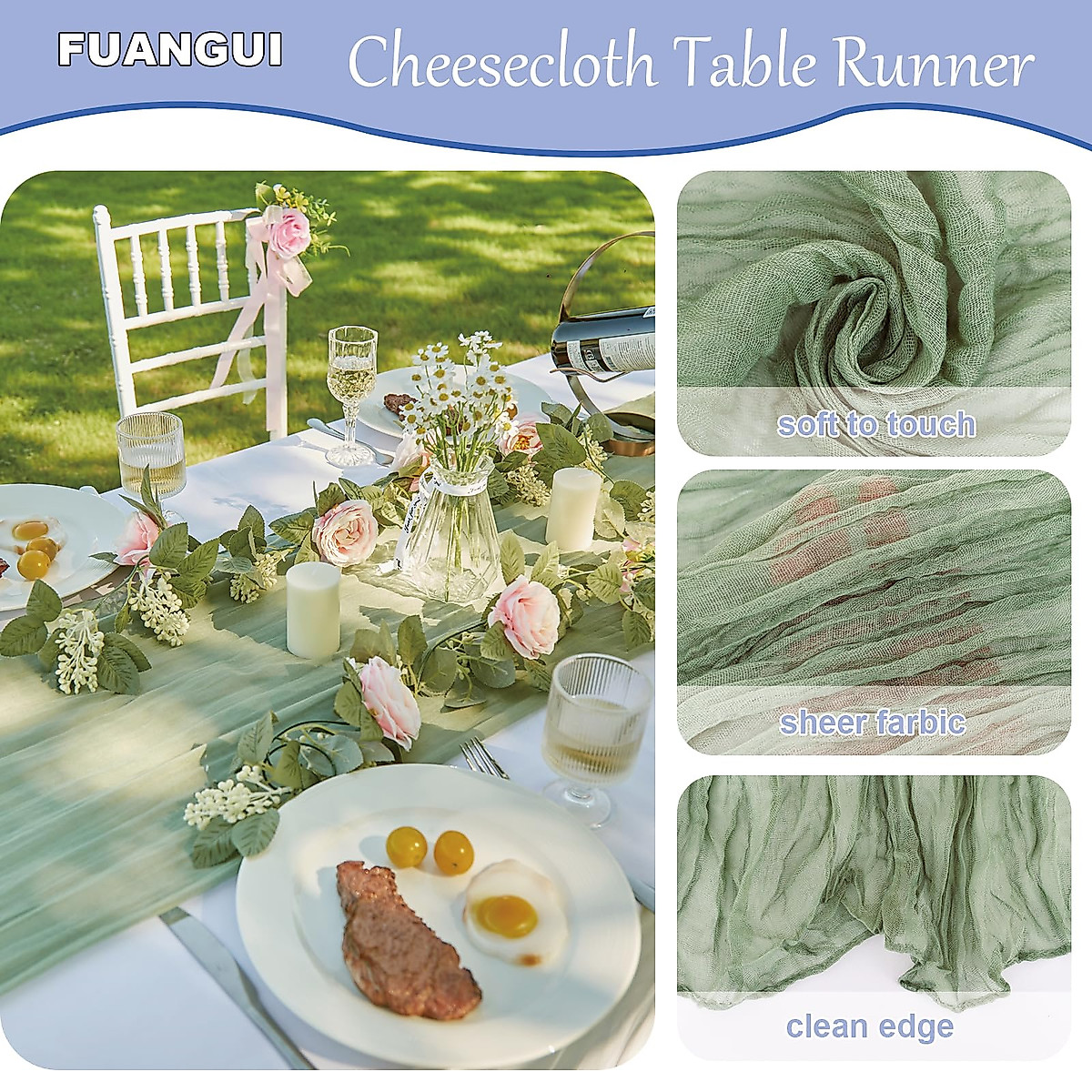 FUANGUI 6 Pack 35x120 Inches Sage Green Cheesecloth Table Runner 10Ft for Baby Shower Wedding Birthday Fall Decoration, Boho Gauze Fabric Rustic Sheer Romantic Cheese Cloth Table Runner