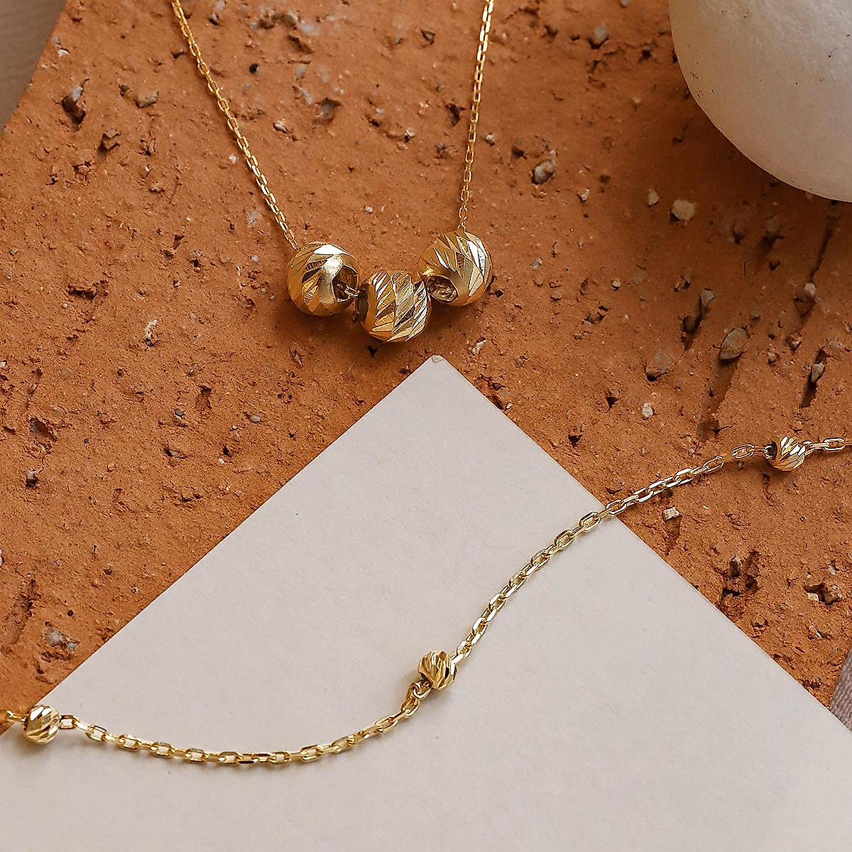 14k Real Gold Beads Station Necklace for Women | 14k Gold Ball Beads Station Necklaces | Beaded Pendant Necklace | Dainty Layering Jewelry | Gifts for Christmas, 18"