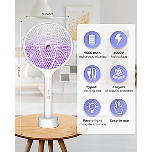 2Pack Electric Fly Swatter,4000V Bug Zapper Racket with 1500mah Battery Rechargeable,2 in 1 Fly Zapper & Purple Mosquito Killer Lamp with 3 Layers of Safety Net Suitable for Indoor and Outdoor