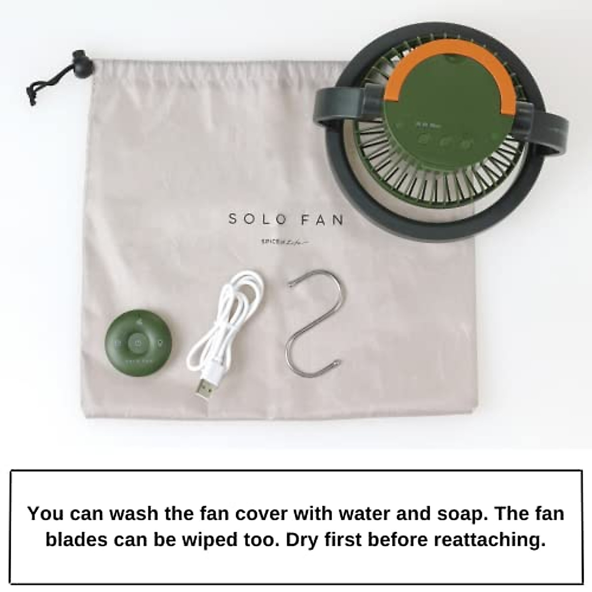 SPICE OF LIFE Circulaire Camping Fan with LED Ring Light - Khaki - 4000 mAh Battery, USB Rechargeable, Magnetic Remote, Auto Timer, Hanging Tent Hook, Removable and Washable Fan Cover