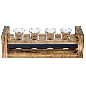 MyGift Flight Serving Caddy Set, Rustic Burnt Solid Wood Tasting Holding Tray with Handles - Includes 4 Clear Shot Glasses and Chalkboard Label Panel