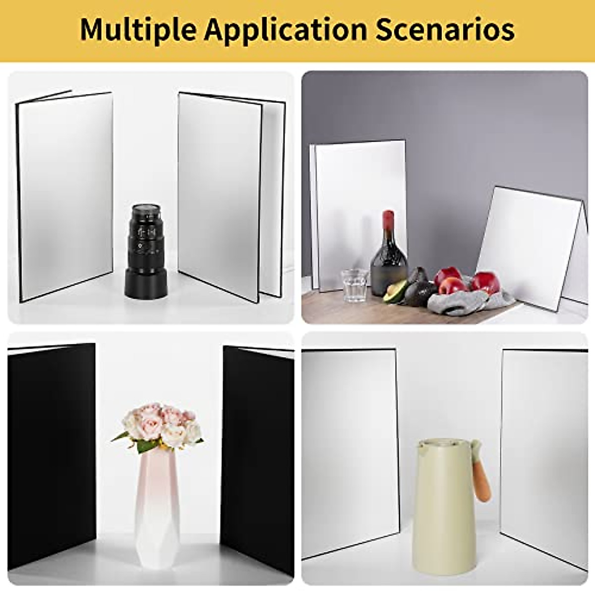 Meking 3 in 1 Photography Reflector Cardboard, 17 x 12 inches Folding Light Diffuser Board for Still Life, Product and Food Photo Shooting - Black, Silver and White, 2 Packs