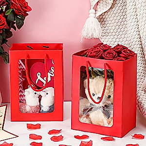 50 Pcs Paper Gift Bags with Transparent Window Clear Gift Bags Empty Gift Basket Flower Bag with Handles for Wedding Bridal Shower Thanksgiving Present Festival Party (Red, 10 x 7.1 x 5.1 Inch)