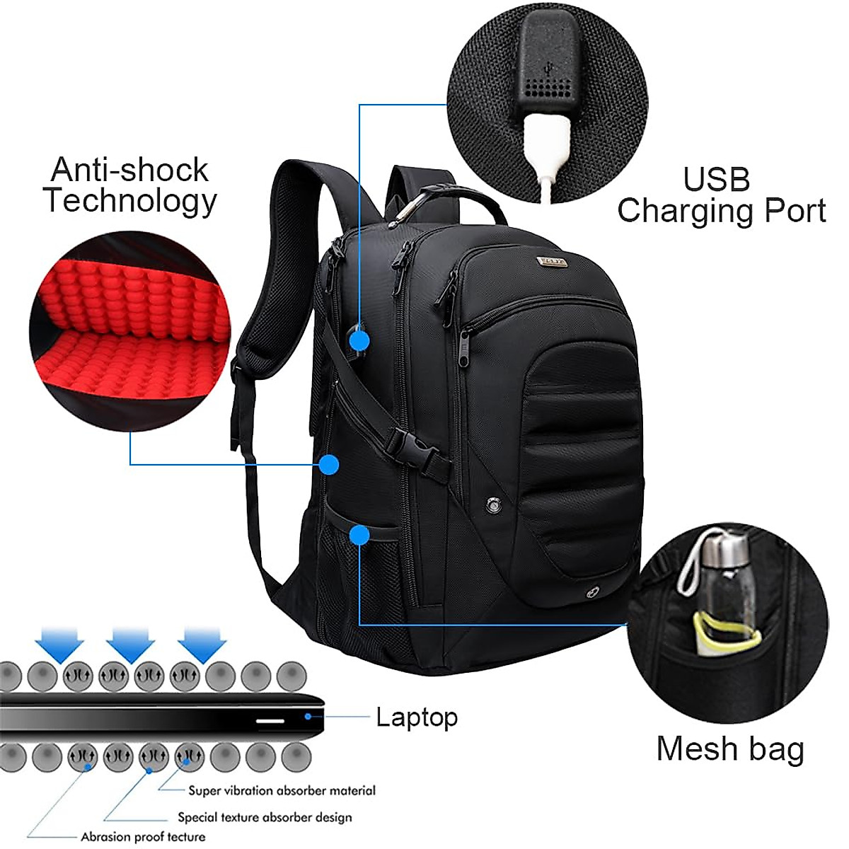 55L Travel Backpack with USB Charging Port TSA Friendly for Large Gaming Laptop 19.5 18 18.4 Inches Notebook Computer Bookbag for Men Students