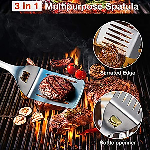 NEARPOW Heavy Duty BBQ Grill Tools Set, 18” Long Handle Grill Utensils Kit, Tongs Spatula Fork Basting Brush Cleaning Brush, Stainless Steel Barbecue Accessories Gift for Men Grilling Cooking Camping