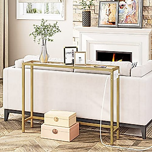 HOOBRO Gold Console Table, Tempered Glass Sofa Table, 39.4" Modern Entryway Table with USB Ports, for Entryway, Living Room, Foyer, Hallway GD01UXG01