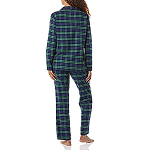 Amazon Essentials Women's Flannel Long-Sleeve Button Front Shirt and Pant Pajama Set, Cobalt Blue Green Blackwatch Plaid, Large
